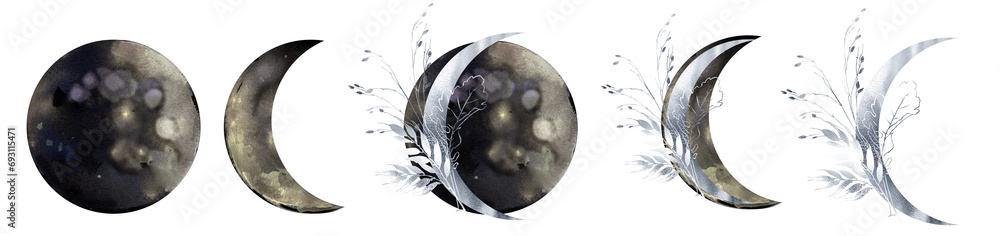 Watercolor Moon Phases set. Hand drawn clipart of lunar cycle, Black ...