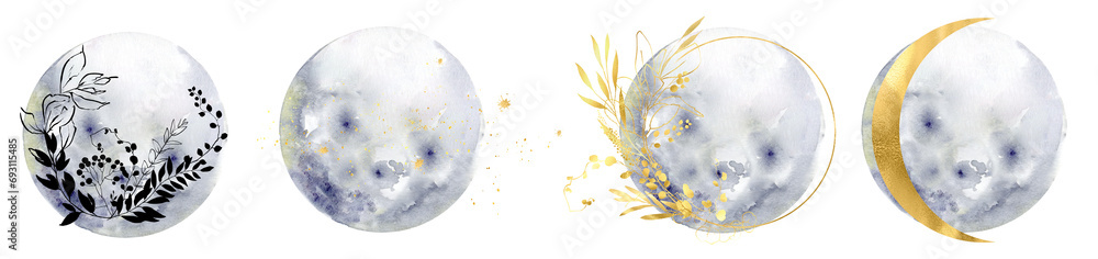 Watercolor Moon Phases set. Hand drawn clipart of lunar cycle, Black ...