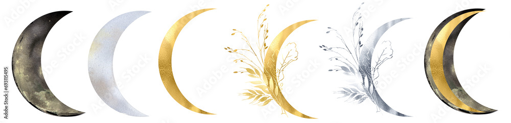 Watercolor Moon Phases set. Hand drawn clipart of lunar cycle, Black ...