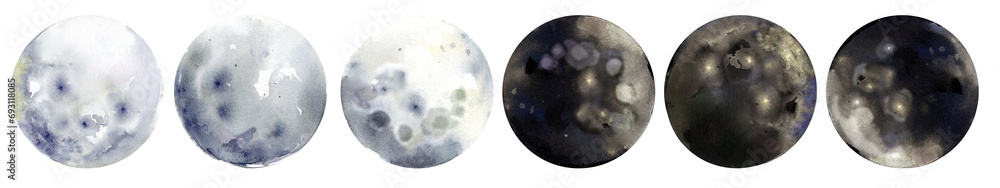 Watercolor Moon Phases set. Hand drawn clipart of lunar cycle, Black ...