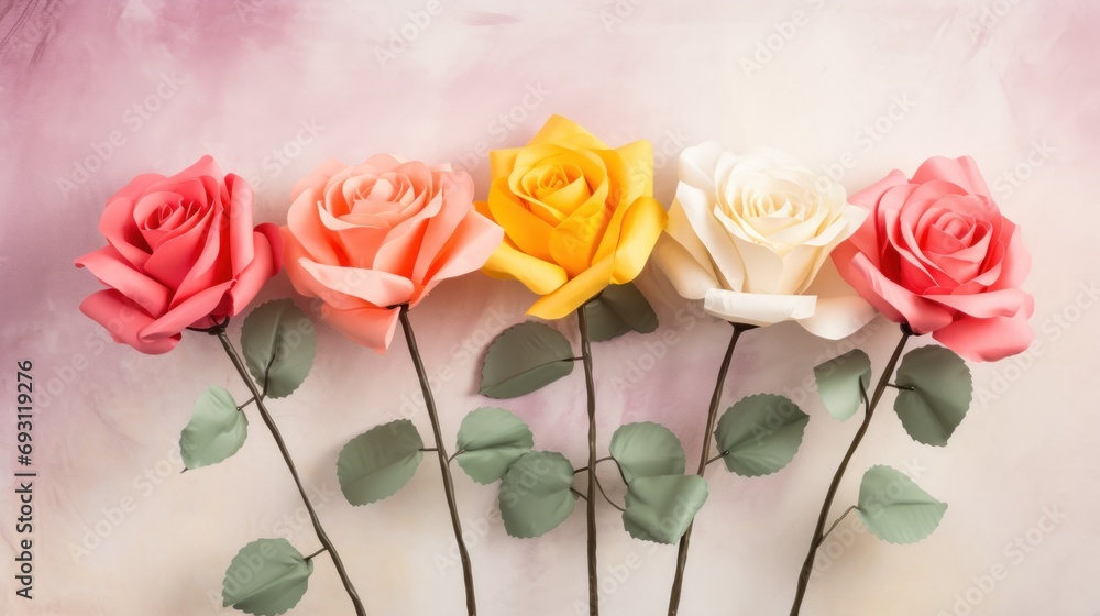 a group of five roses sitting on top of each other on top of a pink and ...