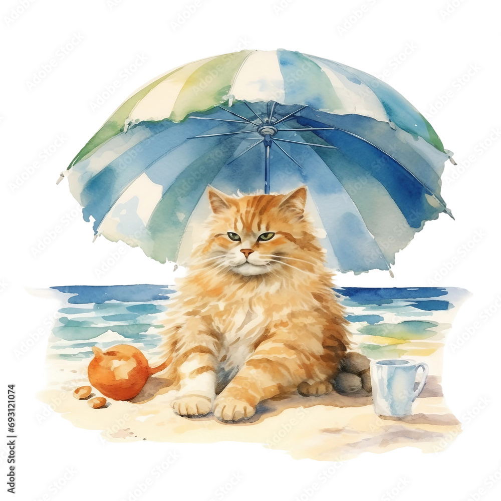 Watercolor cat, png, print, Beach Cat: Cat on the beach with umbrella ...