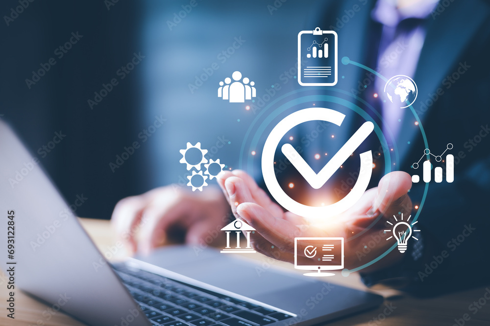 Hand shows sign of top service Quality assurance, Guarantee, Standards ...