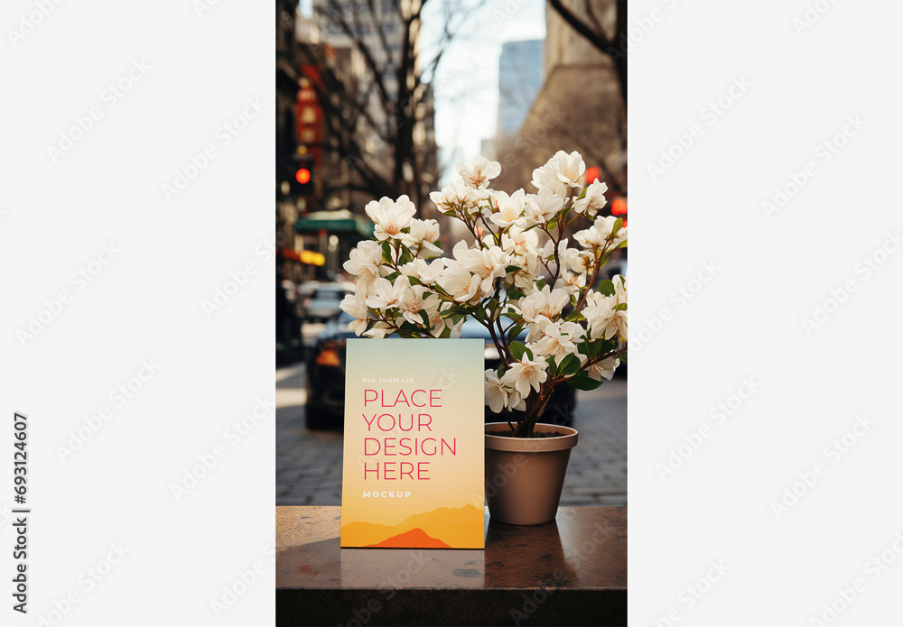 Street Frame Mockup Template with Potted Plant, White Flowers, Blank ...