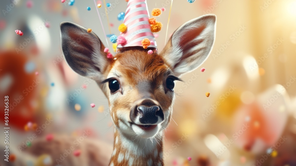 Happy cute animal friendly deer wearing a party hat celebrating at a ...
