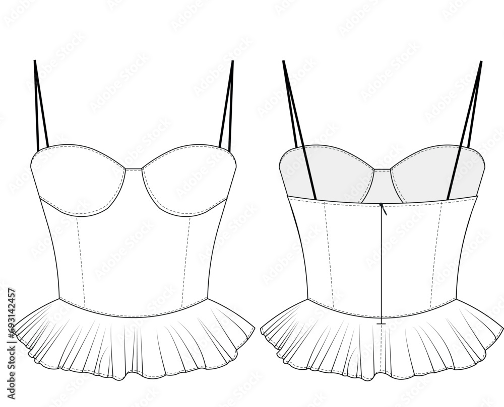 spaghetti straps peplum bustier corset blouse template technical ...