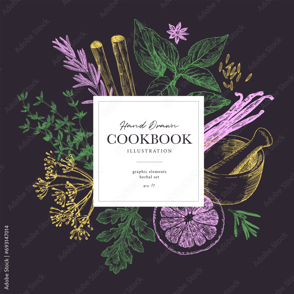 Herbs and spices banner template. Chalk pastel like drawings on ...