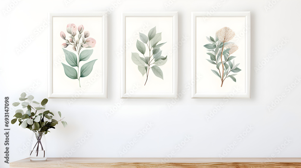 Paintings of eucalyptus and watercolor flowers, wooden table without ...