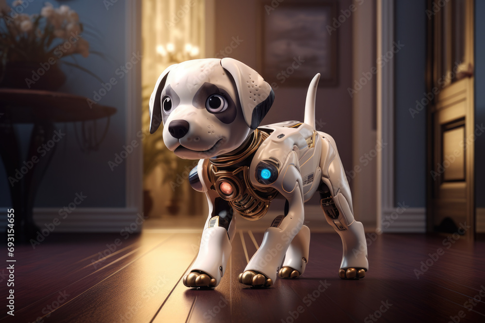 White small robot dog at home doors entrance. Cute robotic puppy ...
