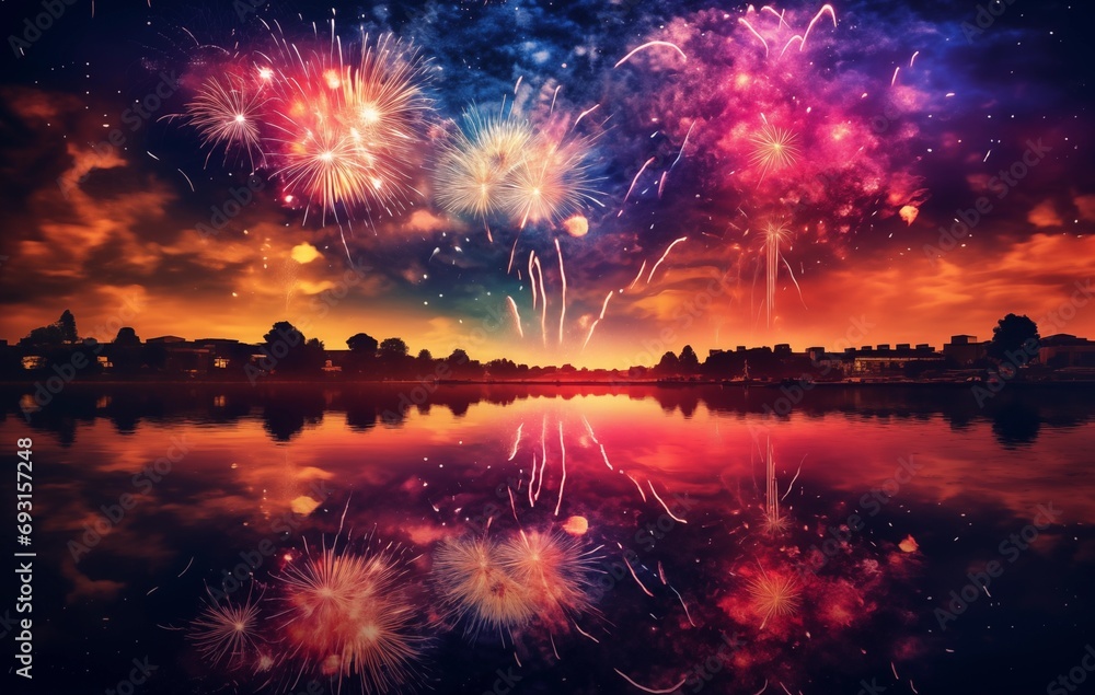 fireworks in the night sky over a lake, in the style of bold and ...