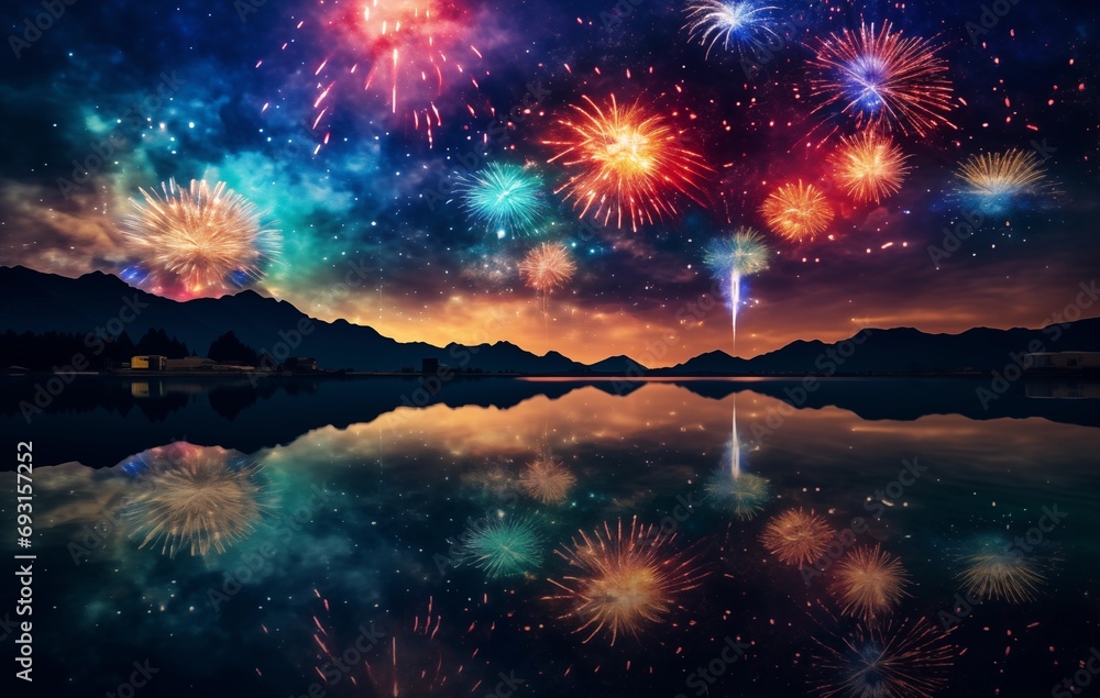fireworks in the night sky over a lake, in the style of bold and ...