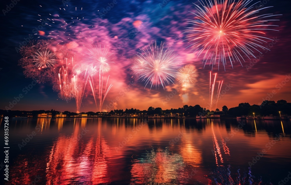 fireworks in the night sky over a lake, in the style of bold and ...