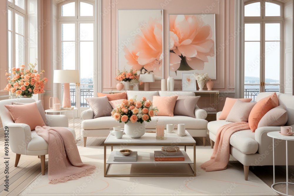 In this stylish living room, the trendy peach color scheme adds a touch ...