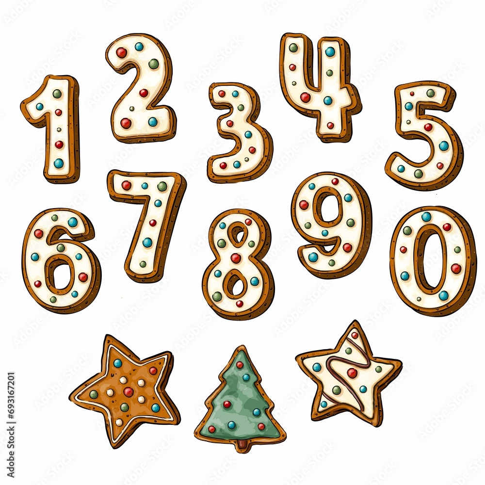 set of gingerbread cookie numbers with the phrase, top view in cartoon ...