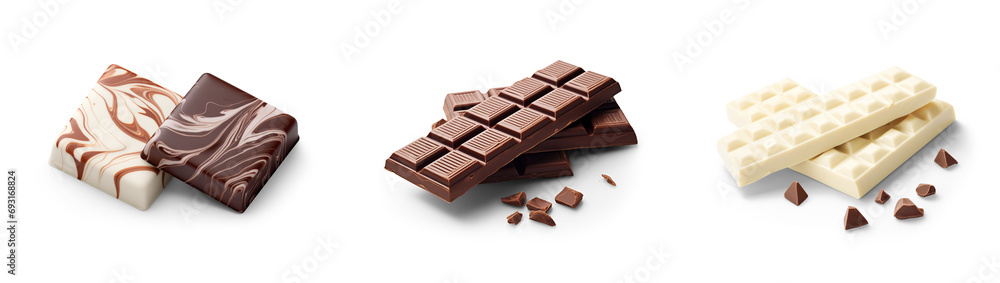 set of various types of chocolate bar blocks of dark, milk, white and ...