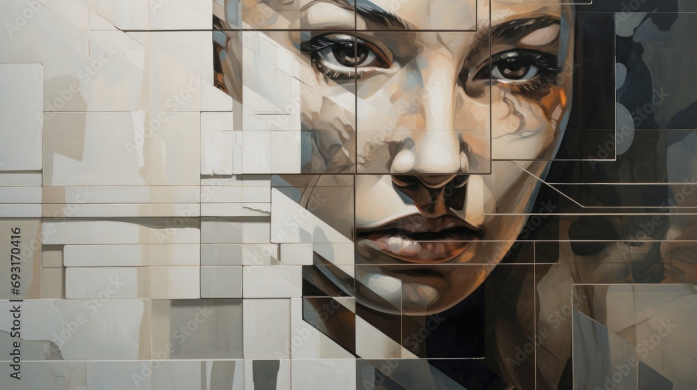 a painting of a woman's face with a grid of squares in front of her and ...