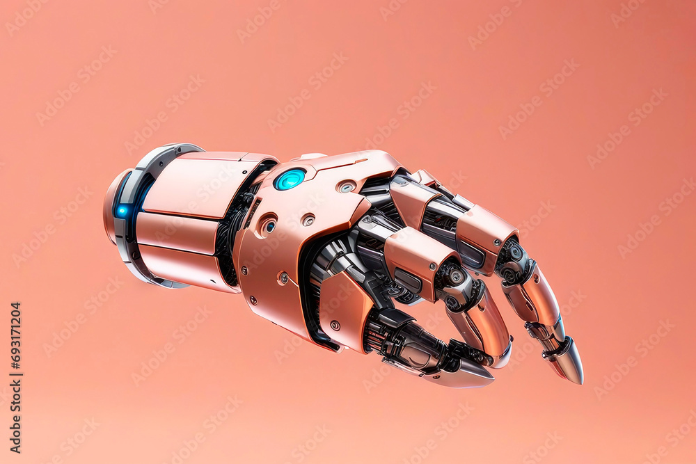 Cyborg robotic hand pointing on velvety peach color background ...