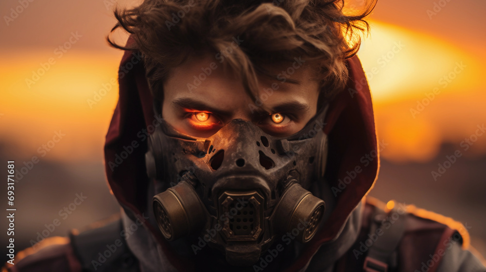 survivor portrait, face smeared with ash, eyes piercing through a ...