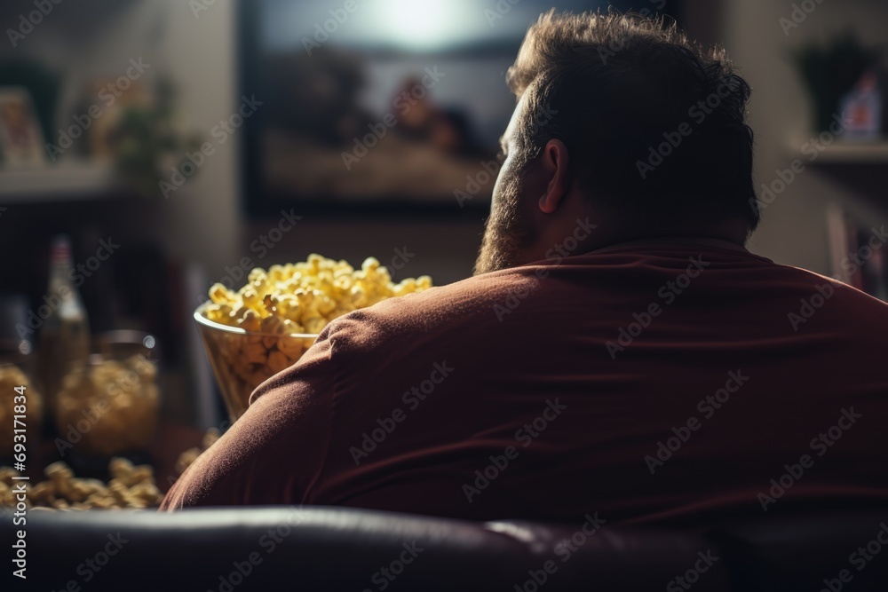 view from behind of a fat man watching television sitting on sofa ...