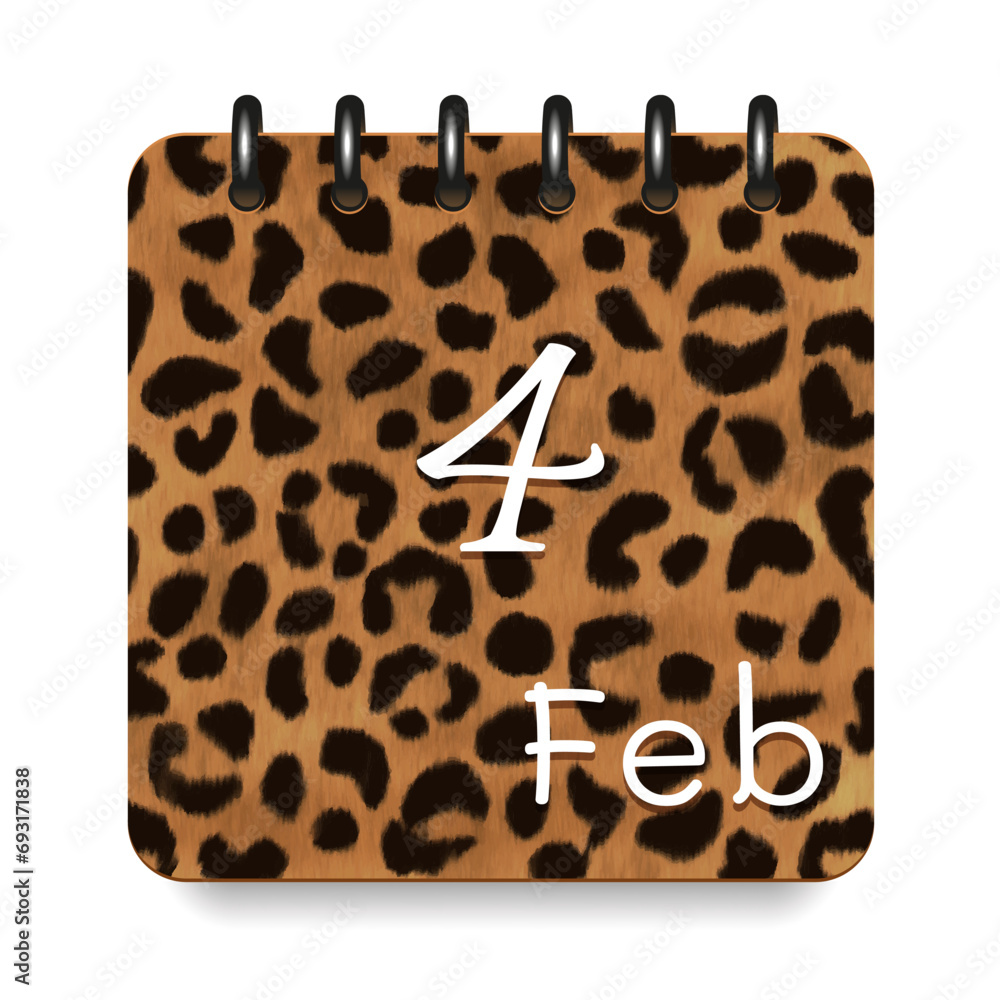 4 day of the month. February. Leopard print calendar daily icon. White ...