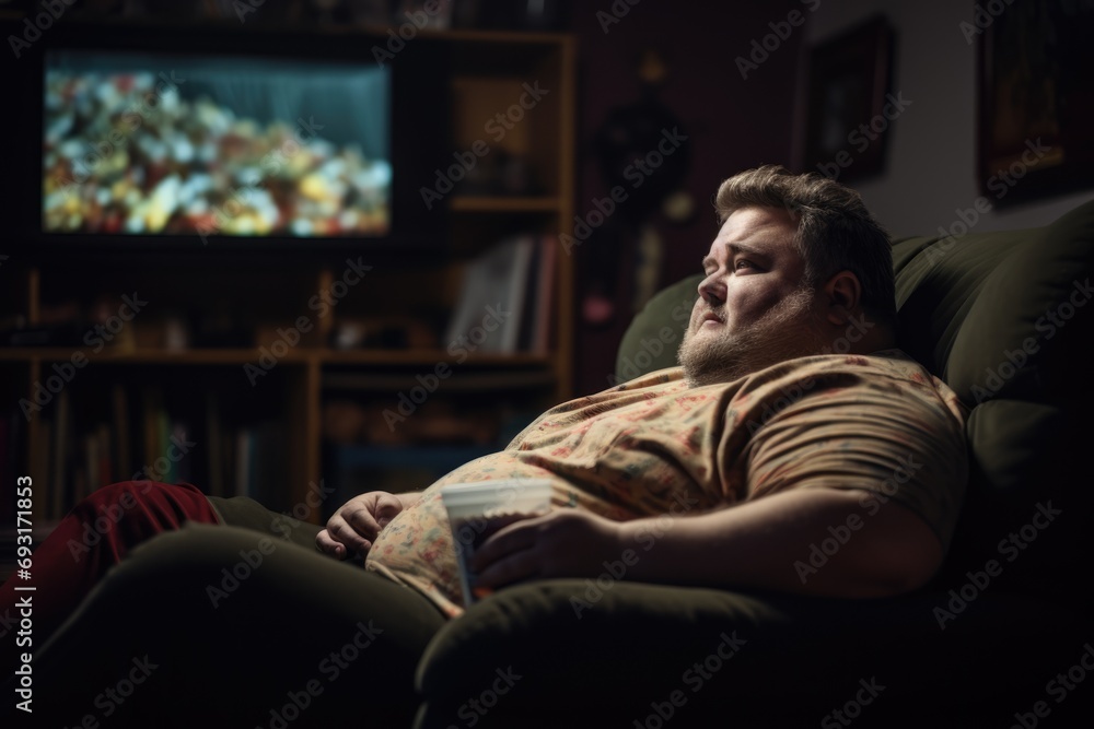side view of a fat man watching television sitting on sofa eating ...