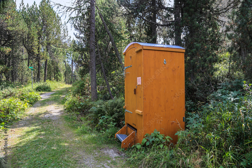 Mobile compost toilet at a hiking roadside. The eco friendly toilet ...