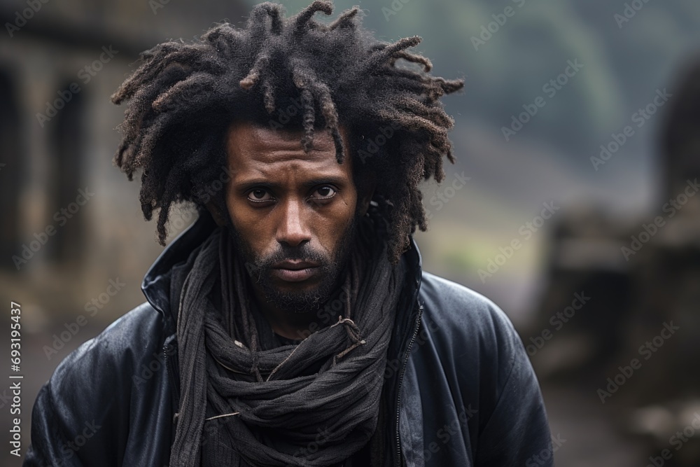 dark-skinned man with a gloomy look and friends on the street in autumn ...