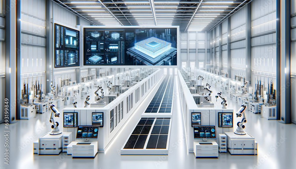 Contemporary semiconductor factory with advanced robotics and AI in a ...