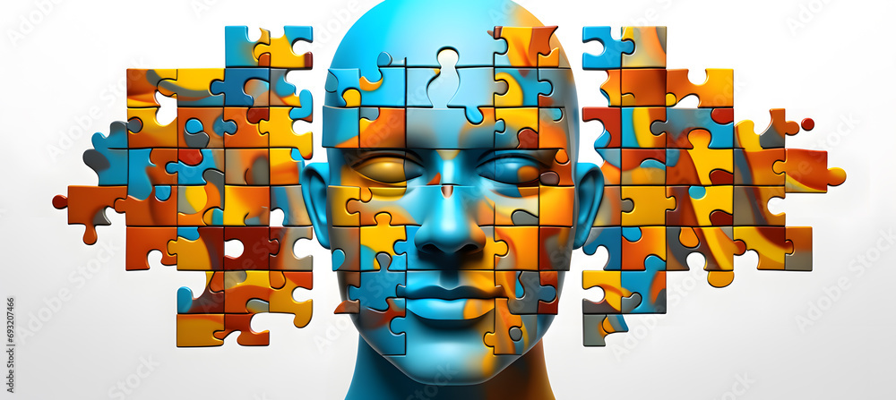 Human face made of colorful puzzle pieces. Knowledge and logic concept ...