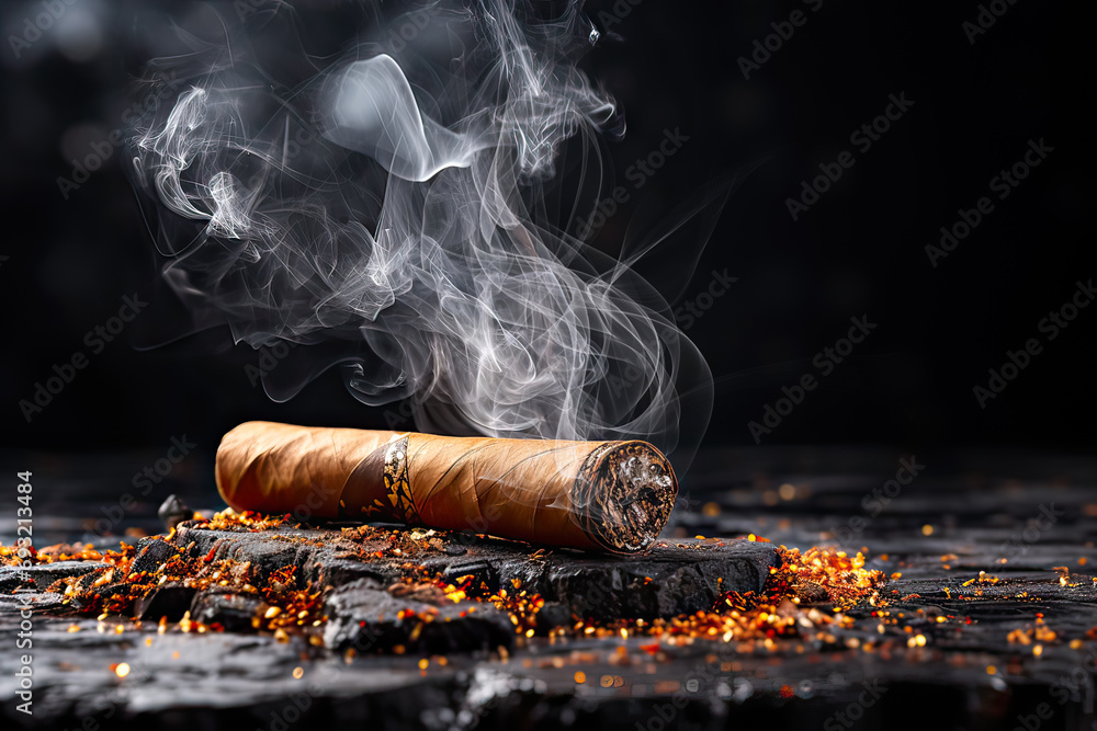 Dark allure, Smoldering cigar on a mysterious dark background, a ...