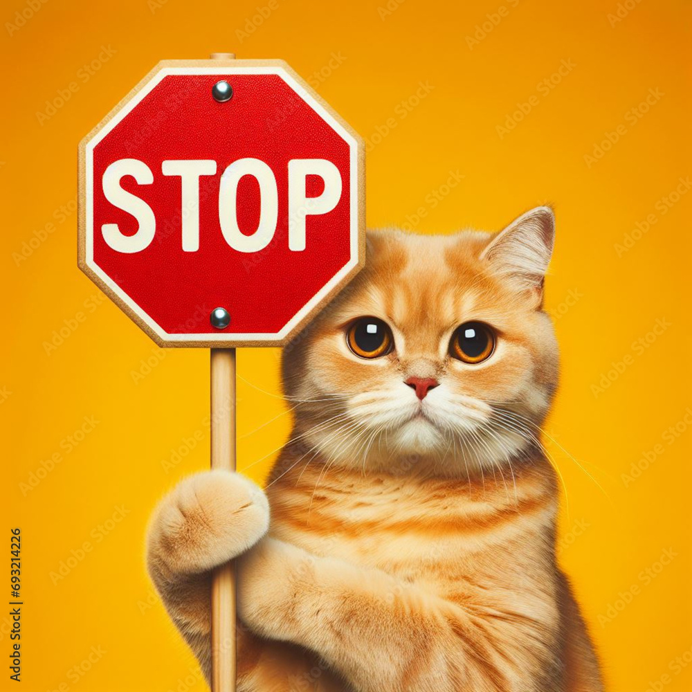 Katze mit Stoppschild, generative KI Stock Illustration | Adobe Stock