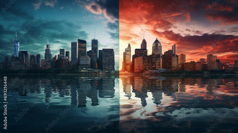 An HD image of a city landscape that beautifully transitions from day ...