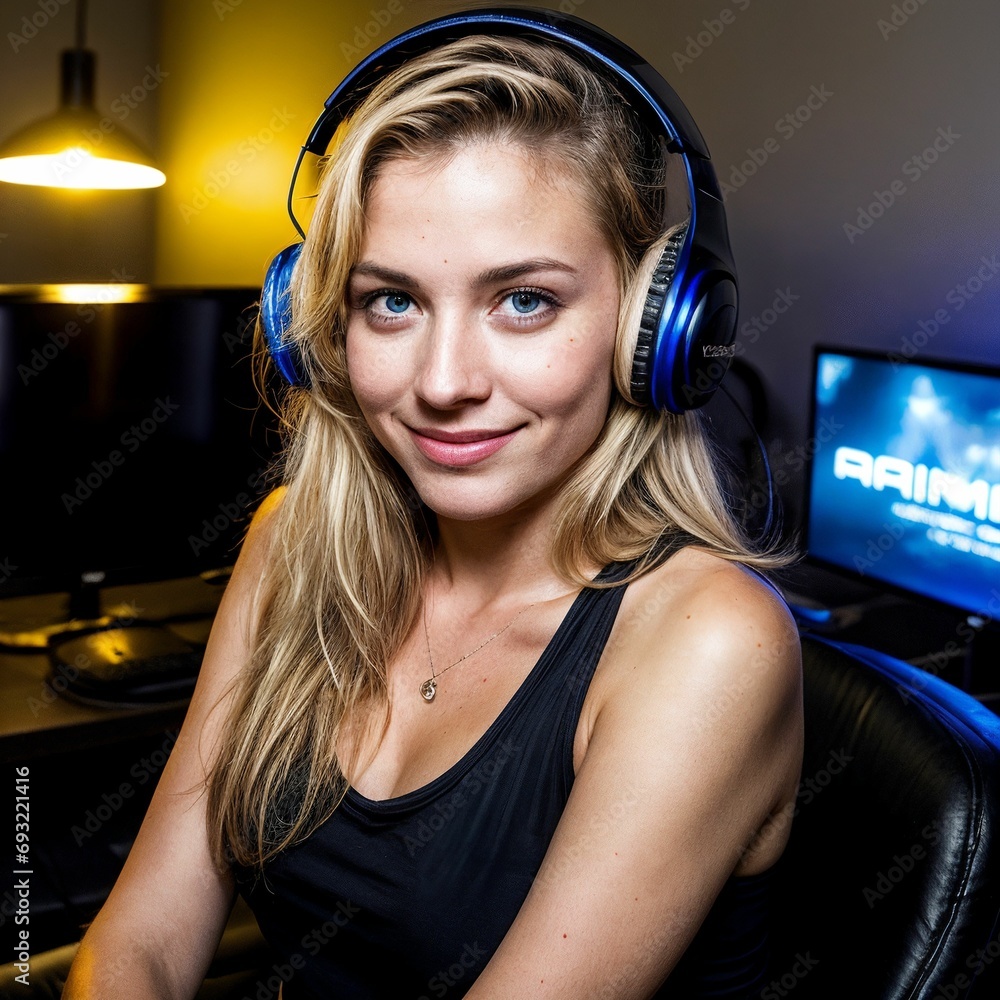 hot attractive gamer girl live streaming on twitch playing modern gamers, wearing gamer headset ...