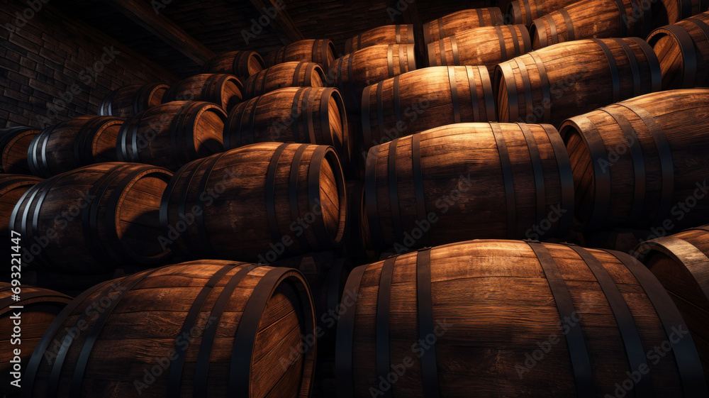 Vintage wooden barrels stored in old wine cellar. Many brown oak casks ...