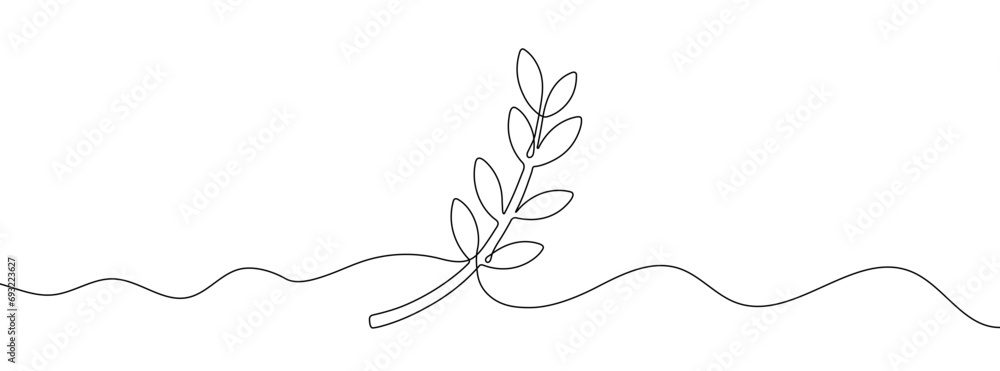 Continuous editable line drawing of branch with leaves. Single line ...