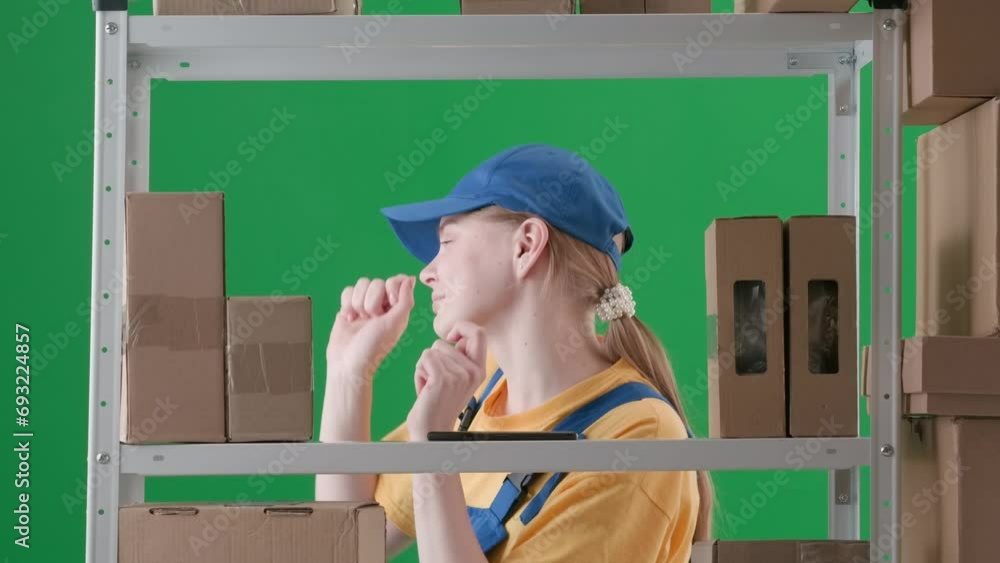 In the frame on a green background, chromakey. A young woman in uniform ...