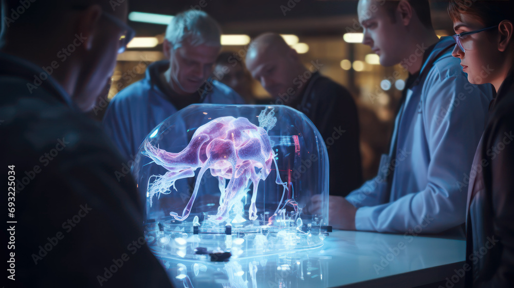 Medical professionals examining a 3D hologram in a futuristic lab Stock ...