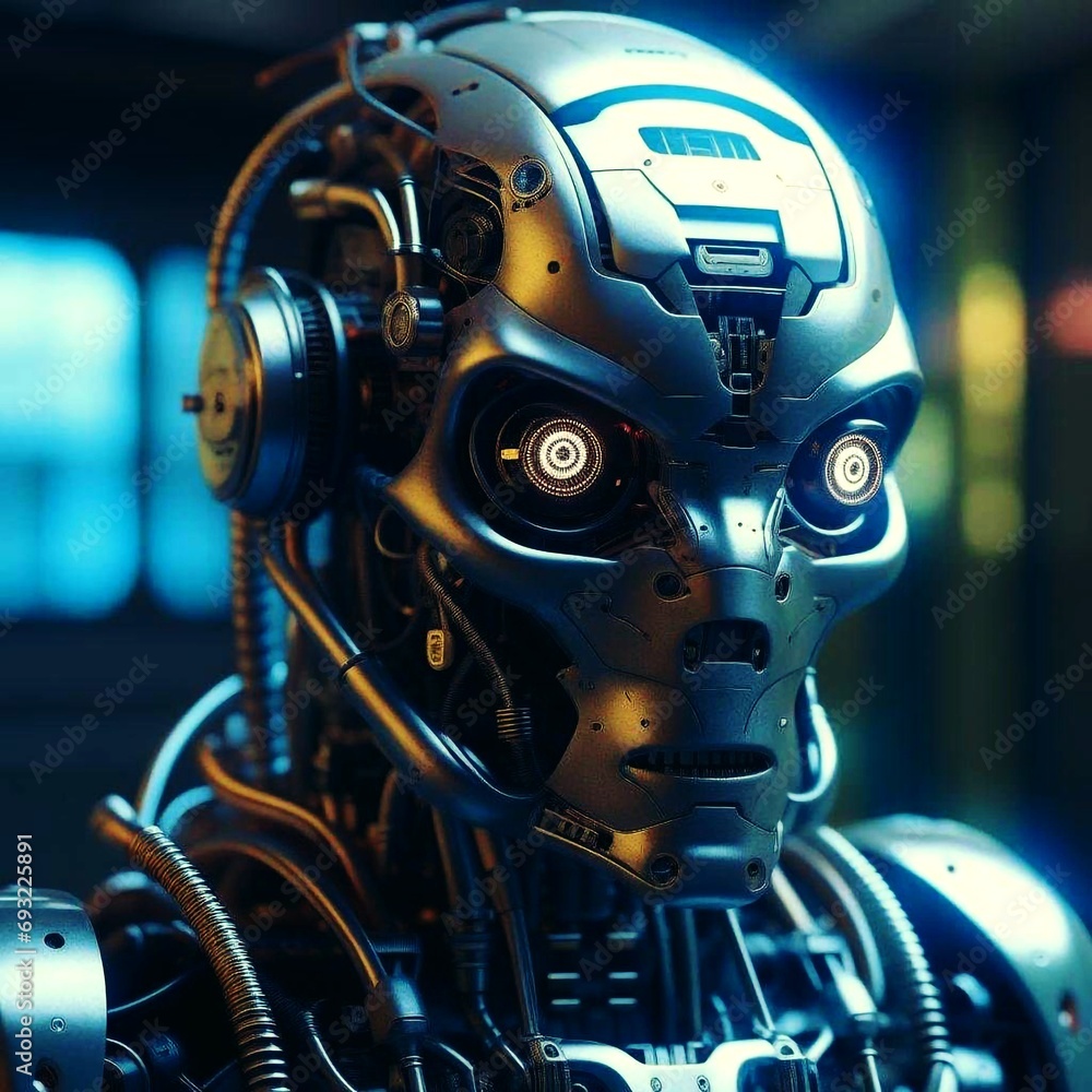 Robot Skull Cyborg Head Machine Science industrial. A realistic silver ...