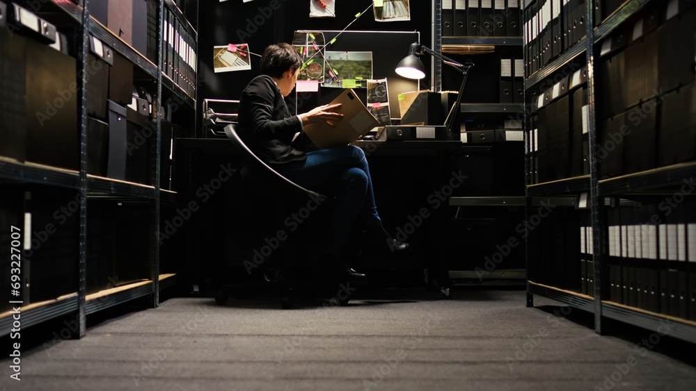 Law agent examine surveillance photos on laptop to connect the dots and ...