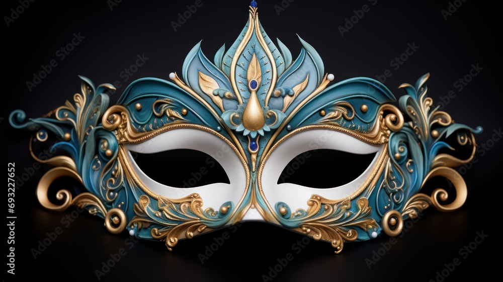 a blue and gold masquerade mask with a gold filigreet on the top of the ...