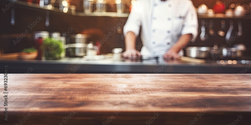Chef cooking in restaurant kitchen, with blurry background and an empty ...