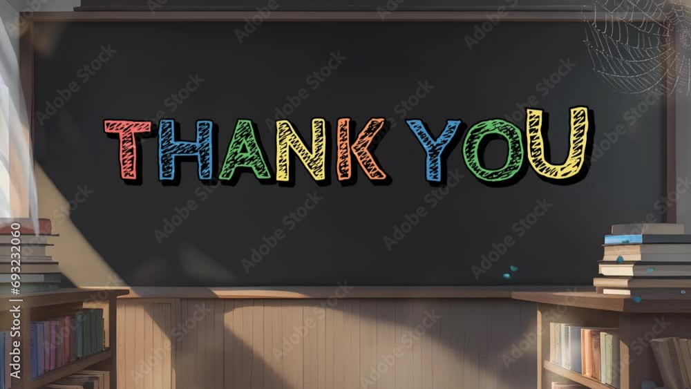 "THANK YOU" text motion on Blank blackboard or chalkboard and books ...