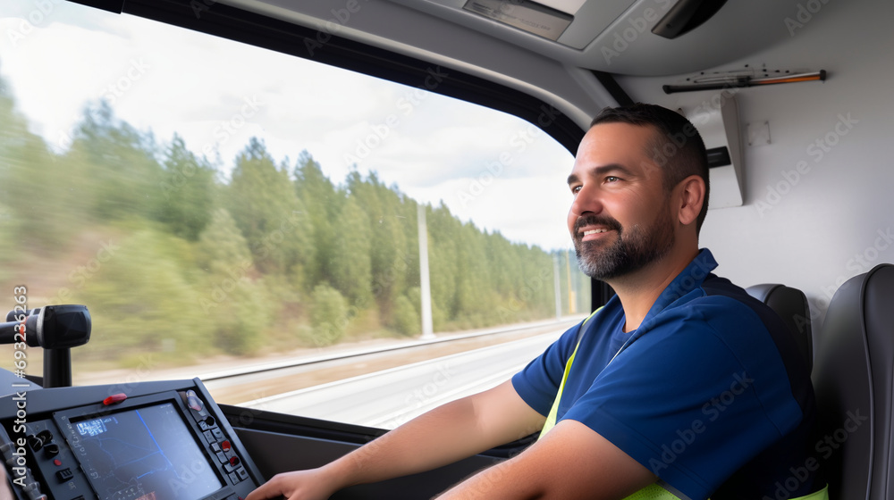 train driver at work in his seat driving the train in his locomotive ...