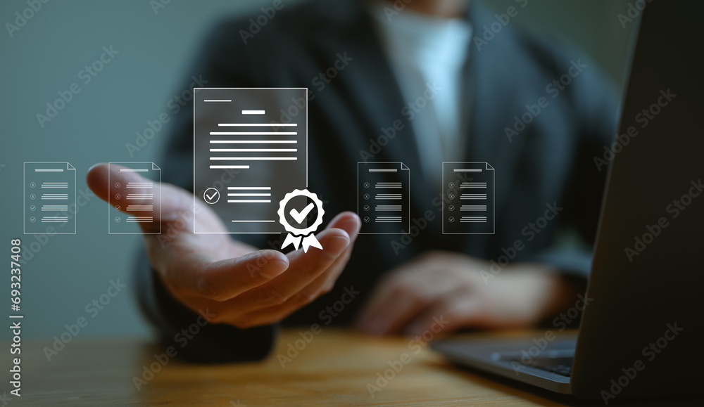 Quality control, certificate, standard, guarantee, Hand shows the sign ...