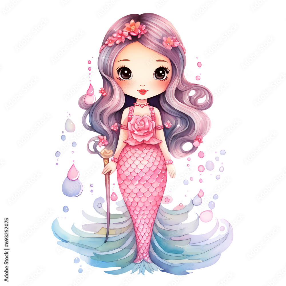 Cute Mermaid Princess Watercolor Clipart Illustration Stock ...