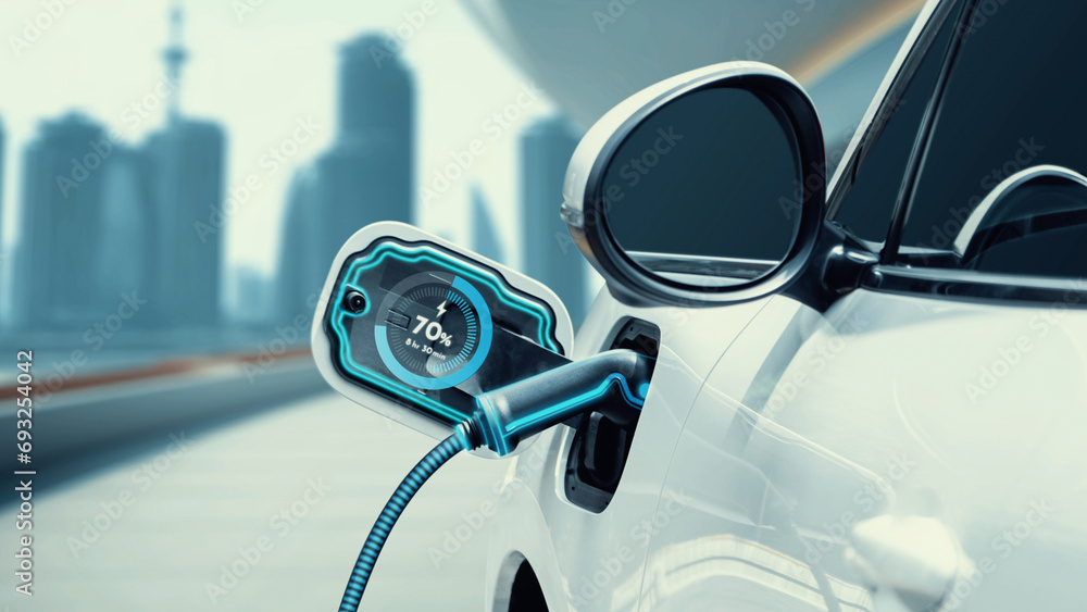 Electric car plug in with charging station to recharge battery display ...