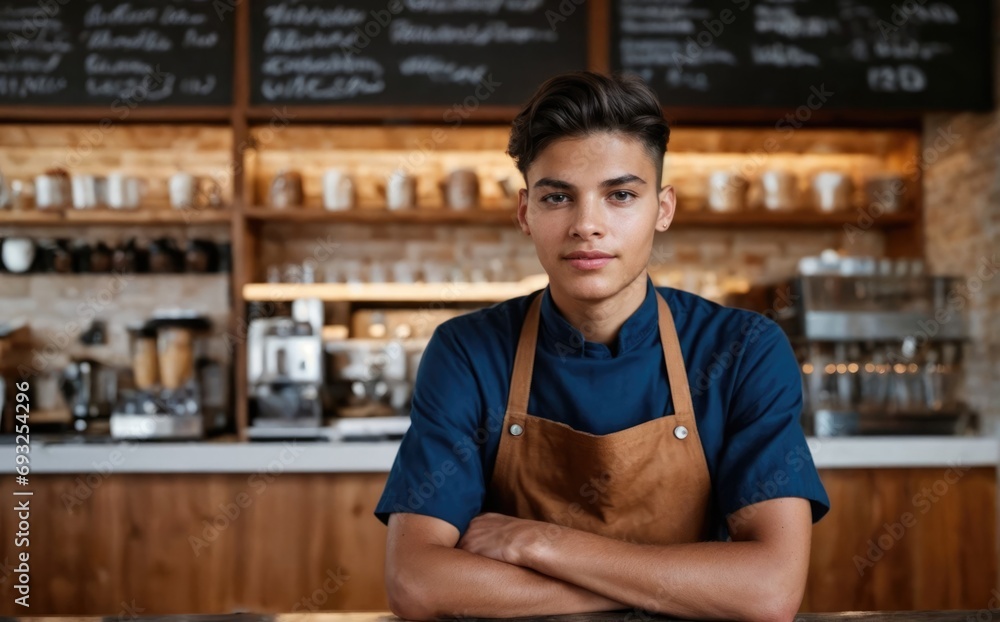 Young diverse latin American cafe worker in a modern, stylish cafe ...
