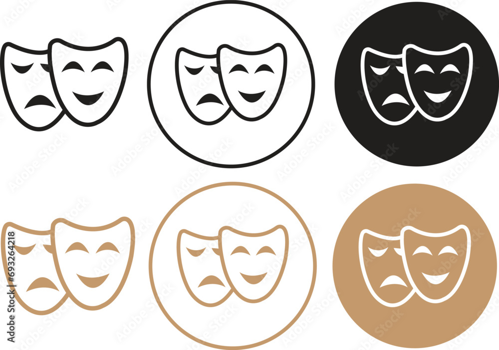 Line Theatrical mask icons Set. Theater, theatre mask signs. Happy and ...
