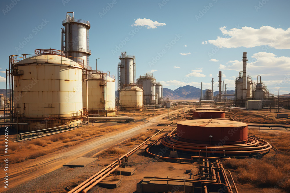 Industrial oil refinery with storage tanks and distillation towers in a ...