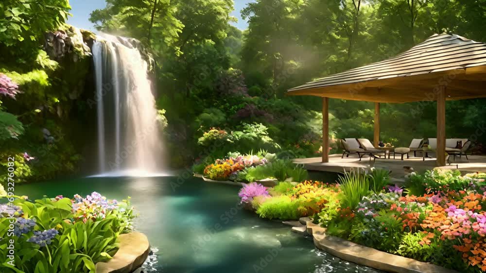 Nestled deep within serene forest, majestic waterfall captures essence ...